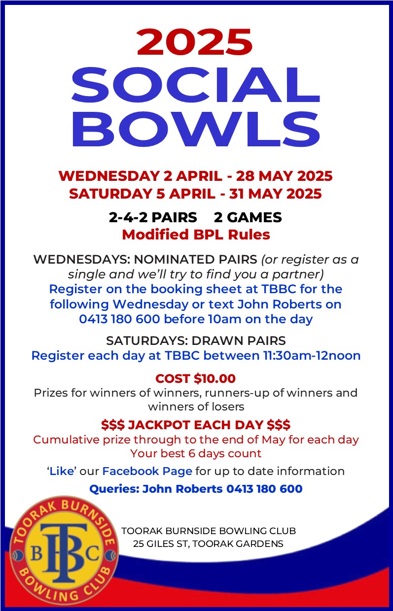 Social Bowls - Toorak Burnside Bowling Club. Adelaide Bowls Club